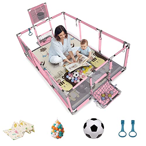 BABY K Baby Playpen with Mat (Pink 71"×47"×26") - Baby Ball Pit Playpen for Babies & Toddlers with Basketball Hoop & Soccer Net - Gated Playyard for Babies and Toddlers for Indoor Or Outdoor