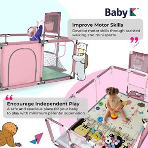 BABY K Baby Playpen with Mat (Pink 71"×47"×26") - Baby Ball Pit Playpen for Babies & Toddlers with Basketball Hoop & Soccer Net - Gated Playyard for Babies and Toddlers for Indoor Or Outdoor