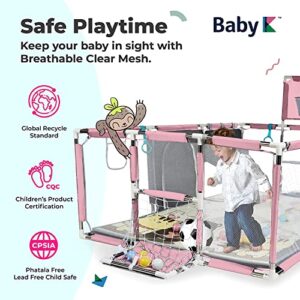 BABY K Baby Playpen with Mat (Pink 71"×47"×26") - Baby Ball Pit Playpen for Babies & Toddlers with Basketball Hoop & Soccer Net - Gated Playyard for Babies and Toddlers for Indoor Or Outdoor