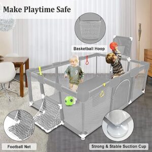 Large Baby Ball Pit Sturdy Play Pen/ Yard W/Basketball Hoop for Babies and Toddlers Children's Fence Play Area, Indoor Outdoor Kids Activity Center, Infant Safety Gates (Grey)