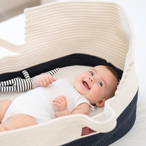 Kolobok Luxury Handmade Moses Basket - 100% Organic Cotton Baby Changing Basket with Ultra Thick and Removable Mattress Pad - Woven Baby Moses Baskets for Dresser Changing Table Topper for Babies