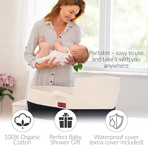 Kolobok Luxury Handmade Moses Basket - 100% Organic Cotton Baby Changing Basket with Ultra Thick and Removable Mattress Pad - Woven Baby Moses Baskets for Dresser Changing Table Topper for Babies