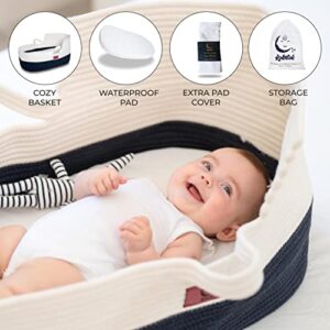 Kolobok Luxury Handmade Moses Basket - 100% Organic Cotton Baby Changing Basket with Ultra Thick and Removable Mattress Pad - Woven Baby Moses Baskets for Dresser Changing Table Topper for Babies