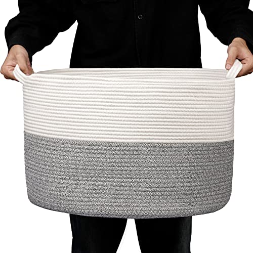 Proate XXXL Large Gray Woven Cotton Rope Basket in Living Room Blanket Storage Basket 22" x 14" Laundry Basket Hamper Towels Toy Bins Baskets Storage Kids Comforter Cushions Pillow Blanket Organizer