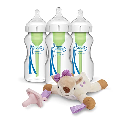 Dr. Brown's Options+ Wide-Neck Glass Anti-Colic Baby Bottles, 9oz 3-Pack and Lovey Pink Pacifier with Teether Holder, Soft Stuffed Animal Deer, 100% Silicone HappiPaci, 0+ Months