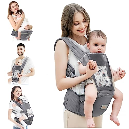 Baby Carrier Newborn to Toddler, Mumgaroo Ergonomic 6-in-1 Baby Carrier with Hip Seat Complete All Seasons, Adjustable & Removable Baby Holder Backpack with Baby Hood 0-36 Months (Grey)