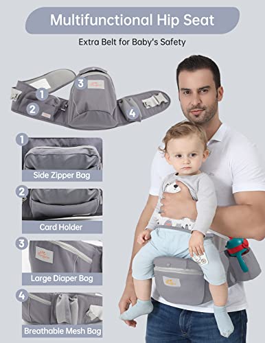 Baby Carrier Newborn to Toddler, Mumgaroo Ergonomic 6-in-1 Baby Carrier with Hip Seat Complete All Seasons, Adjustable & Removable Baby Holder Backpack with Baby Hood 0-36 Months (Grey)