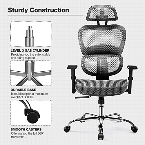 Ergonomic High Back Office Chair - High Office Chair with Headrest, Lumbar Support, Movable Armrests, Swivel Mesh Office Chair with 300 lbs Weight Capacity Adjustable Height for Home Office, Executive