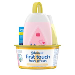 johnson's first touch baby gift set, baby bath, skin & hair essential products, kit for new parents with wash & shampoo, lotion, & diaper rash cream, hypoallergenic & paraben-free, 4 items