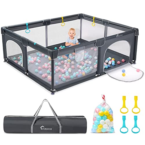 LFCREATOR Baby Playpen,71” x 60” Large Playpen for Babies and Toddlers with Soft Breathable Mesh,Safety Play Center Yard for Indoor&Outdoor,Sturdy Safety Baby Fence Play Area with Gate， Grey