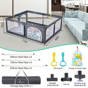 LFCREATOR Baby Playpen,71” x 60” Large Playpen for Babies and Toddlers with Soft Breathable Mesh,Safety Play Center Yard for Indoor&Outdoor,Sturdy Safety Baby Fence Play Area with Gate， Grey