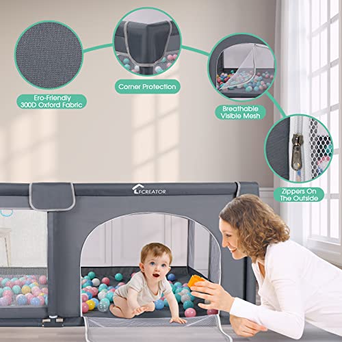 LFCREATOR Baby Playpen,71” x 60” Large Playpen for Babies and Toddlers with Soft Breathable Mesh,Safety Play Center Yard for Indoor&Outdoor,Sturdy Safety Baby Fence Play Area with Gate， Grey