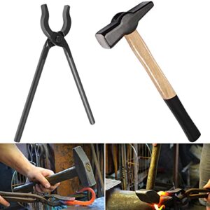 0004930-300 blacksmiths' tongs & 0000811-1000 handmade blacksmiths’ hammer assembled bladesmith tool set for beginner or professional blacksmith making farrier, knife and tool on forging anvil