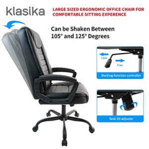 KLASIKA Ergonomic Executive Office Chair for Heavy People, Faux Leather Desk Chair with Wheels and Arms, Big and Tall Home Computer Office Chair for Long Hours, High Back Desk Chair, Black