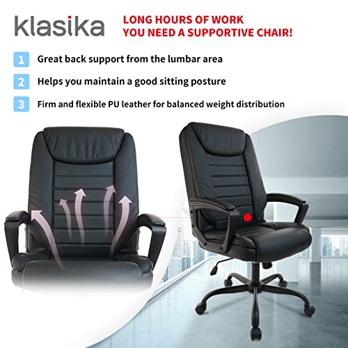 KLASIKA Ergonomic Executive Office Chair for Heavy People, Faux Leather Desk Chair with Wheels and Arms, Big and Tall Home Computer Office Chair for Long Hours, High Back Desk Chair, Black