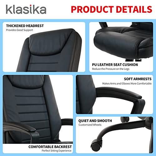 KLASIKA Ergonomic Executive Office Chair for Heavy People, Faux Leather Desk Chair with Wheels and Arms, Big and Tall Home Computer Office Chair for Long Hours, High Back Desk Chair, Black