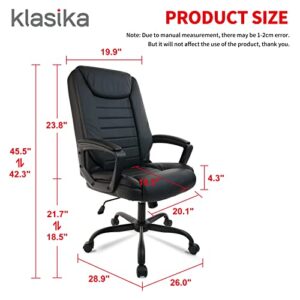 KLASIKA Ergonomic Executive Office Chair for Heavy People, Faux Leather Desk Chair with Wheels and Arms, Big and Tall Home Computer Office Chair for Long Hours, High Back Desk Chair, Black