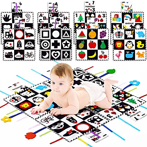 beiens Baby Toys 0-6 Months, Tummy Time Crinkle Toys with Mirror, Black and White High Contrast Sensory Toys for 0-6-12-18 Months Toddler Newborn, Boy Girl Gift Set, Play Mats-4 in 1