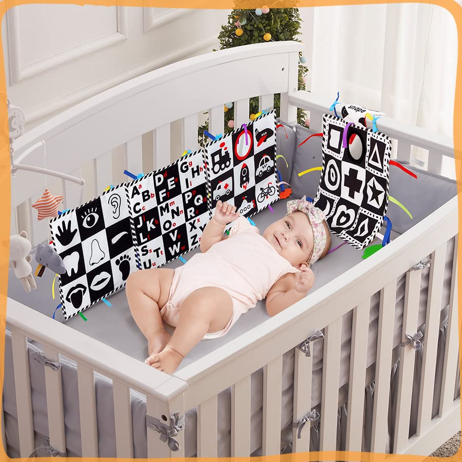 beiens Baby Toys 0-6 Months, Tummy Time Crinkle Toys with Mirror, Black and White High Contrast Sensory Toys for 0-6-12-18 Months Toddler Newborn, Boy Girl Gift Set, Play Mats-4 in 1