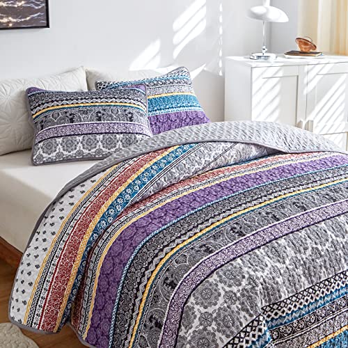 FlySheep Colorful Quilt Set Queen Size, 3 Pieces Purple Boho Stripes Design Lightweight Summer Bedspread/Coverlet Bedding Set, Soft Microfiber for All Season - 92x90 inches