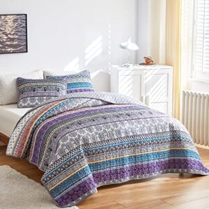 FlySheep Colorful Quilt Set Queen Size, 3 Pieces Purple Boho Stripes Design Lightweight Summer Bedspread/Coverlet Bedding Set, Soft Microfiber for All Season - 92x90 inches