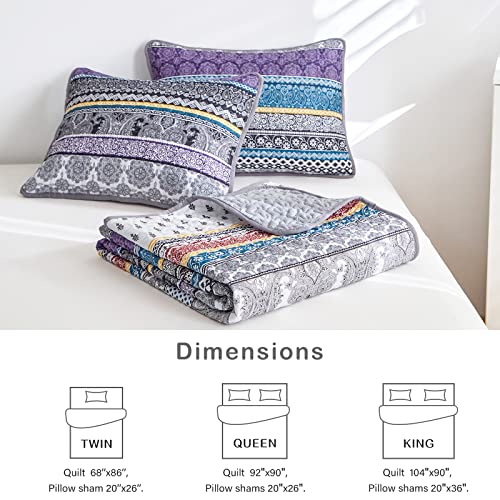 FlySheep Colorful Quilt Set Queen Size, 3 Pieces Purple Boho Stripes Design Lightweight Summer Bedspread/Coverlet Bedding Set, Soft Microfiber for All Season - 92x90 inches