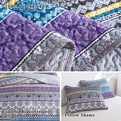 FlySheep Colorful Quilt Set Queen Size, 3 Pieces Purple Boho Stripes Design Lightweight Summer Bedspread/Coverlet Bedding Set, Soft Microfiber for All Season - 92x90 inches