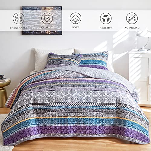 FlySheep Colorful Quilt Set Queen Size, 3 Pieces Purple Boho Stripes Design Lightweight Summer Bedspread/Coverlet Bedding Set, Soft Microfiber for All Season - 92x90 inches