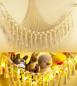 tcgpro stuffed animal toy storage hammock with led light-macrame jumbo doll room corner organizer mesh decoration-hanging storage nets kids bedroom(beads), beige