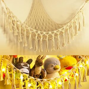 TCGPRO Stuffed Animal Toy Storage Hammock with LED Light-Macrame Jumbo Doll Room Corner Organizer Mesh Decoration-Hanging Storage Nets Kids Bedroom(Beads), Beige