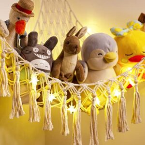 TCGPRO Stuffed Animal Toy Storage Hammock with LED Light-Macrame Jumbo Doll Room Corner Organizer Mesh Decoration-Hanging Storage Nets Kids Bedroom(Beads), Beige