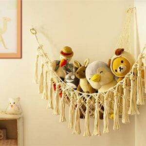 TCGPRO Stuffed Animal Toy Storage Hammock with LED Light-Macrame Jumbo Doll Room Corner Organizer Mesh Decoration-Hanging Storage Nets Kids Bedroom(Beads), Beige