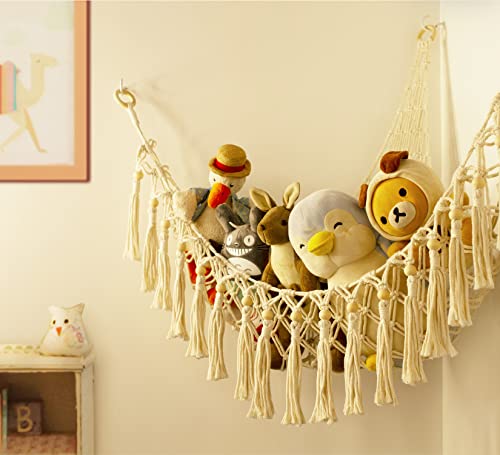 TCGPRO Stuffed Animal Toy Storage Hammock with LED Light-Macrame Jumbo Doll Room Corner Organizer Mesh Decoration-Hanging Storage Nets Kids Bedroom(Beads), Beige