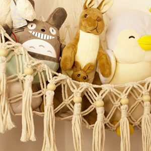 TCGPRO Stuffed Animal Toy Storage Hammock with LED Light-Macrame Jumbo Doll Room Corner Organizer Mesh Decoration-Hanging Storage Nets Kids Bedroom(Beads), Beige