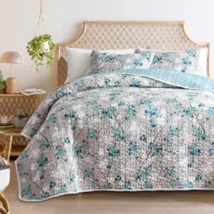 flysheep botanical quilt set full queen size, 3 pieces grey and aqua elegant floral printed summer bedding set, soft microfiber lightweight bedspread/coverlet for all season - 92"x90"