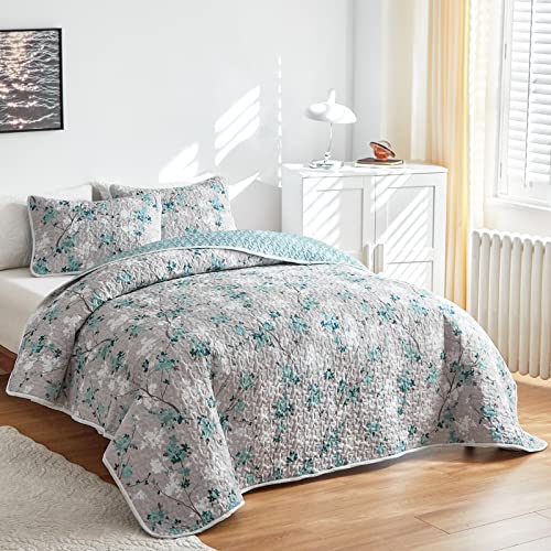 FlySheep Botanical Quilt Set Full Queen Size, 3 Pieces Grey and Aqua Elegant Floral Printed Summer Bedding Set, Soft Microfiber Lightweight Bedspread/Coverlet for All Season - 92"x90"