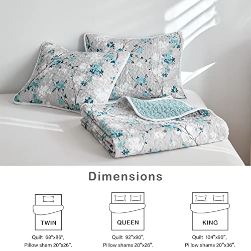 FlySheep Botanical Quilt Set Full Queen Size, 3 Pieces Grey and Aqua Elegant Floral Printed Summer Bedding Set, Soft Microfiber Lightweight Bedspread/Coverlet for All Season - 92"x90"