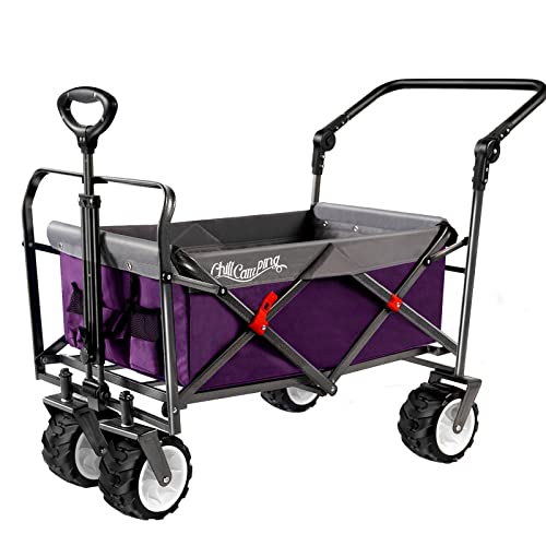 Push Pull Beach Wagon with Big Wheels, All Terrain Heavy Duty Grocery Cart Utility Collapsible Wagon for Outdoor Garden Picnic Beach Sports Camping, Purple