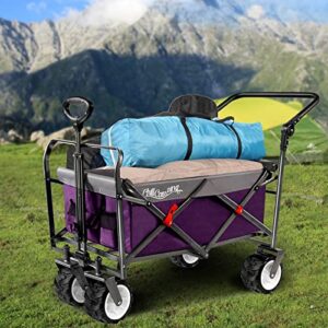 Push Pull Beach Wagon with Big Wheels, All Terrain Heavy Duty Grocery Cart Utility Collapsible Wagon for Outdoor Garden Picnic Beach Sports Camping, Purple