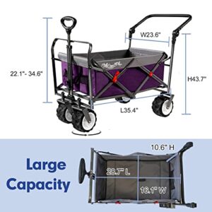 Push Pull Beach Wagon with Big Wheels, All Terrain Heavy Duty Grocery Cart Utility Collapsible Wagon for Outdoor Garden Picnic Beach Sports Camping, Purple