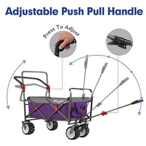 Push Pull Beach Wagon with Big Wheels, All Terrain Heavy Duty Grocery Cart Utility Collapsible Wagon for Outdoor Garden Picnic Beach Sports Camping, Purple