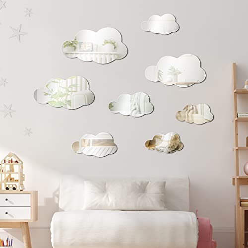 8 Pcs 3D Acrylic Cloud Shape Mirror Wall Art Decor Removable Self Adhesive Decorative Cloud Mirror Stickers Decals for Kids Girls Bedroom Bathroom Playroom Living Room Nursery Decoration