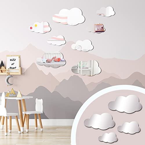 8 Pcs 3D Acrylic Cloud Shape Mirror Wall Art Decor Removable Self Adhesive Decorative Cloud Mirror Stickers Decals for Kids Girls Bedroom Bathroom Playroom Living Room Nursery Decoration