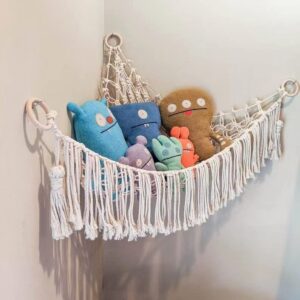 trasun stuffed animal hammock toy net plush toy hanging organizer with macrame tassels stuffed animal holder display corner boho large storage mesh net for playroom bedroom (40" x 40" x 60", white)