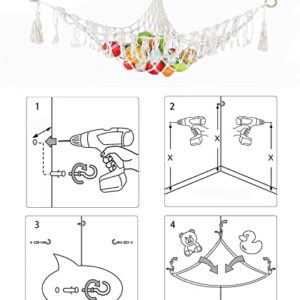 TRASUN Stuffed Animal Hammock Toy Net Plush Toy Hanging Organizer with Macrame Tassels Stuffed Animal Holder Display Corner Boho Large Storage Mesh Net for Playroom Bedroom (40" x 40" x 60", White)