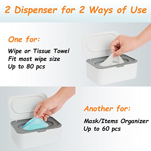 2 Pack Wipes Dispenser, Wipe Holder for Baby & Adult, Seposeve Refillable Wipe Container, Keeps Wipes Fresh, One-Handed Operation. Non-Slip, Easy Open/Close Wipes Pouch Case(2 Grey)