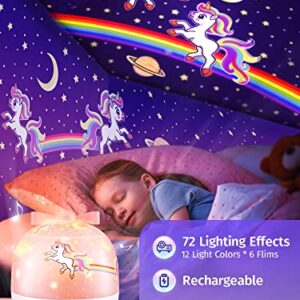 PIKOY Night Light, 6 Films 72 Modes Unicorn Projector Kids Room,Sound Machine Baby, 360° Rotation Lights Bedroom,Kawaii Gifts Girls