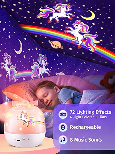 PIKOY Night Light, 6 Films 72 Modes Unicorn Projector Kids Room,Sound Machine Baby, 360° Rotation Lights Bedroom,Kawaii Gifts Girls