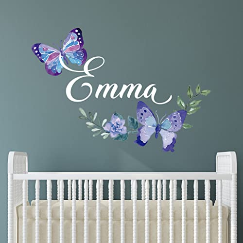 PrintsbyDM Custom Name Butterfly Wall Decal- Girls Room Wall Decor - WM531. Custom Name Removable Nursery Wall Decal for Girl - Flower Mural Wall Decal for Girls Bedroom