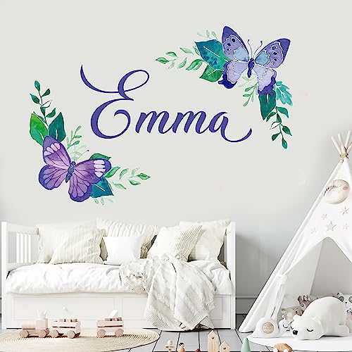 PrintsbyDM Custom Name Butterfly Wall Decal- Girls Room Wall Decor - WM531. Custom Name Removable Nursery Wall Decal for Girl - Flower Mural Wall Decal for Girls Bedroom